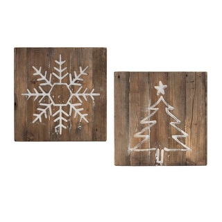 Set of 2 Distressed Wood Snowflake and Pine Tree Blocks Rustic Winter ...
