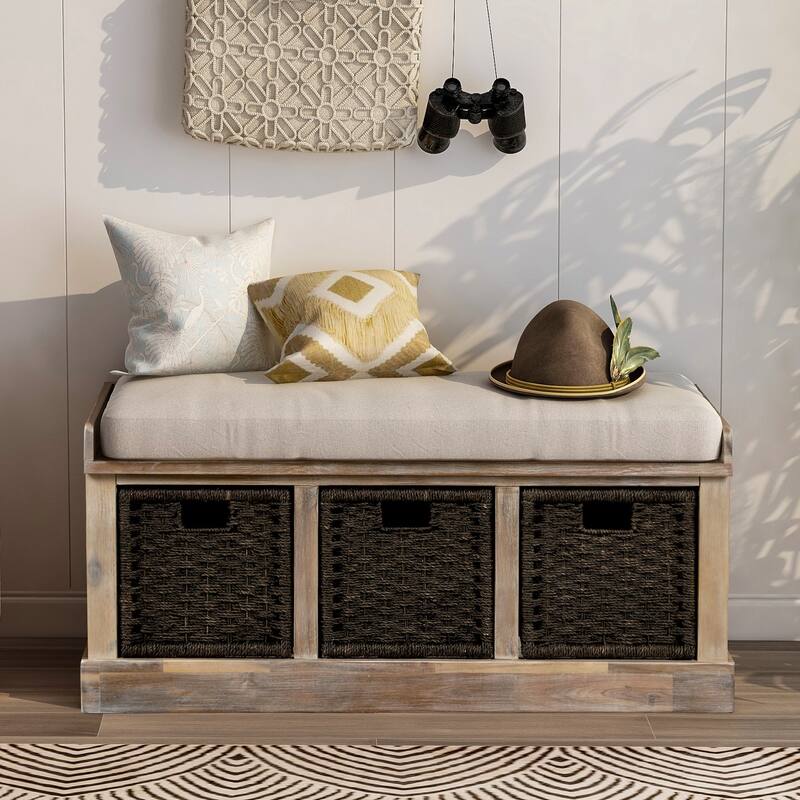 rustic storage bench rattan basket entryway bench storage bench ...