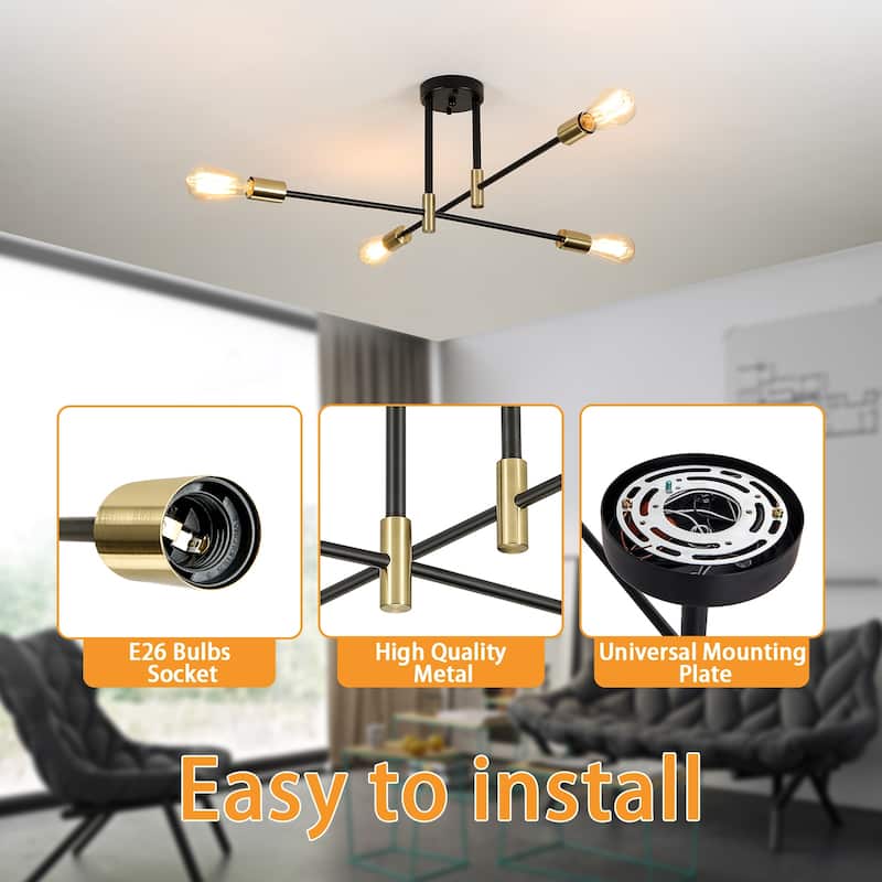 27.5 in. 4-Light Black and Brass Sputnik Semi Flush Mounted Celling ...