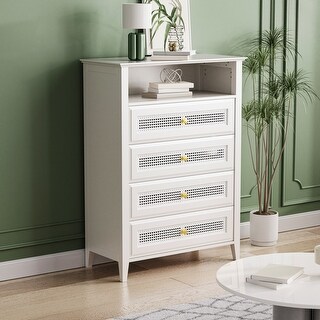 Retro 4-Drawer Chest Storage Cabinet with Rattan Panels - Bed Bath ...