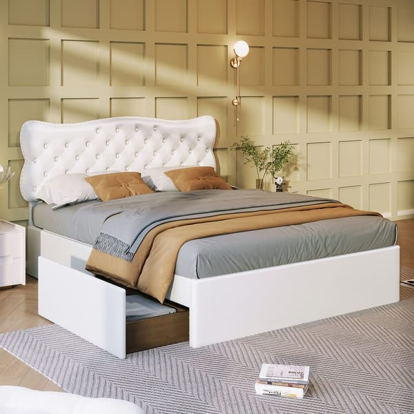 White Full Size Bed Frame with 4 Storage Drawers, Upholstered Platform ...