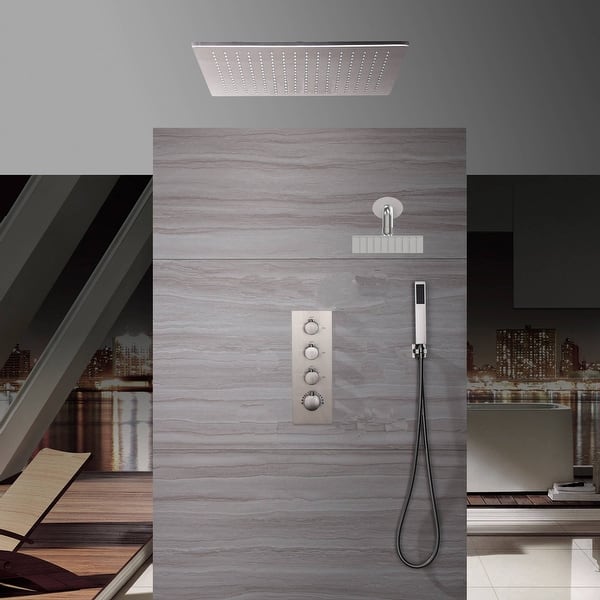 brushed nickel 20 inch rain LED shower heads 3 way thermostatic shower ...