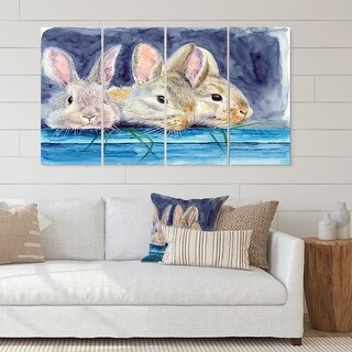 Designart "Three Fluffy Rabbits Behind A Blue Wooden Fence I ...