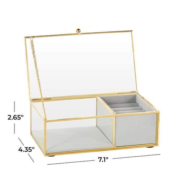 Clear Glass Jewelry Box with Gold Metal Frame and Gray Fabric Interior ...
