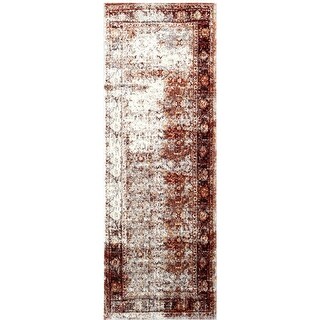 2'7" x 7'3" Distressed Medieval Design Red and White Machine Woven Rug ...