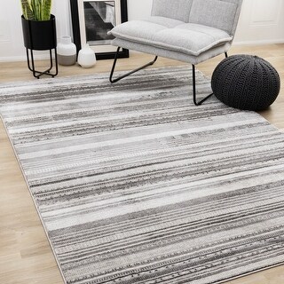 Zuri Collection - Soft Textured Grey White Patterened Rows Rug - Bed ...