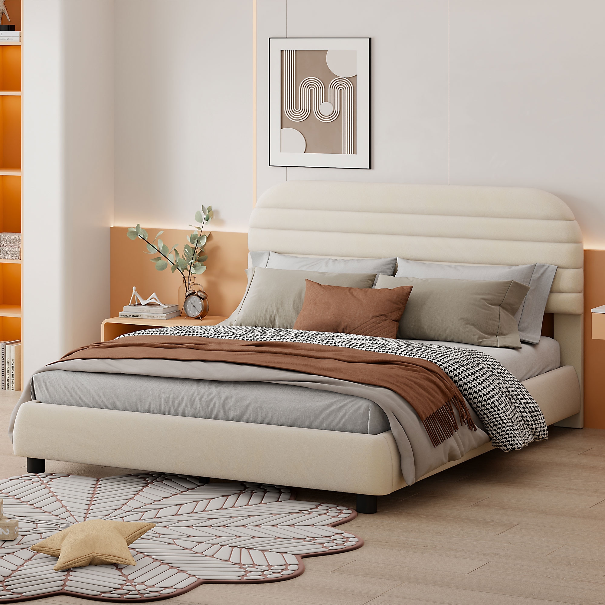 Curve shaped Velvet Queen Beige Platform Bed Frame with Thick Upholstered Adjustable Back Height Low Profile Panel Bed Bed Bath Beyond 41461173