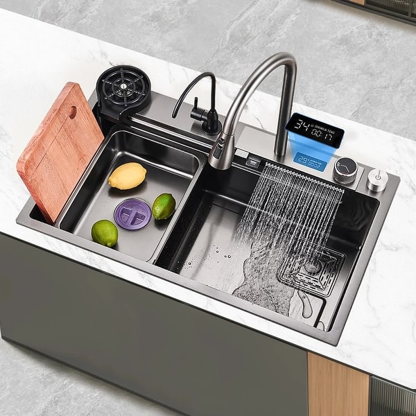 Smart Kitchen Sink Stainless Steel Waterfall Kitchen Sink with LED TEMP ...
