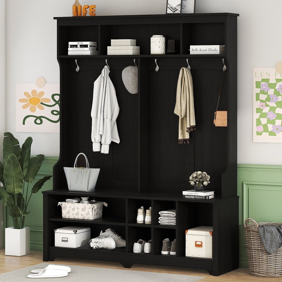 Wide Hall Tree Coat Rack Entryway Storage Bench Display Cabinet White