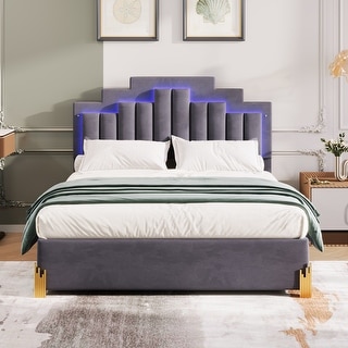 Queen Platform Bed with LED Atypical Stripes Embossed Headboard & Pull ...
