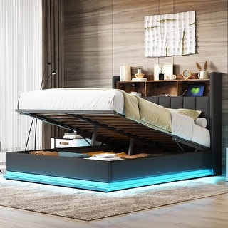 Black Upholstered Storage Bed with LED, Socket - Bed Bath & Beyond ...