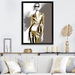 Designart "Haute Couture Sketch In Retro Gold IV" Fashion Woman Framed ...
