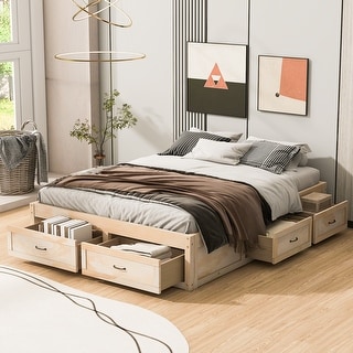 Retro Open Bed Frame Underbed Storage Regular Beds with 6 Pull-out ...