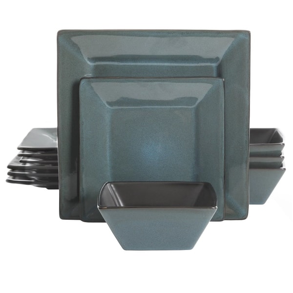 12 Piece Hard Square Stoneware Dinnerware Set in Blue and Black - Bed ...