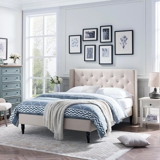 Rhinestone-Tufted Wingback Queen Bed Frame Nailhead Trim Beige - Bed ...