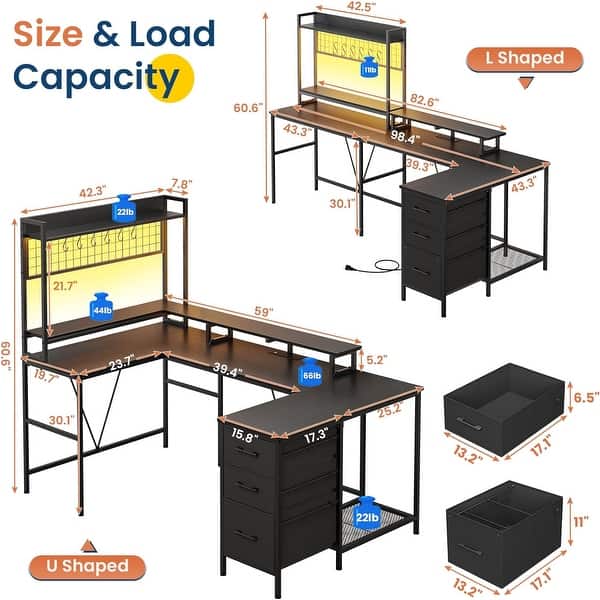 U Shaped Gaming Desk L Shaped Computer Desk 3 Drawers Shelves Pegboard ...