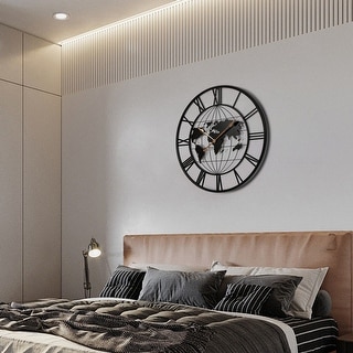 36 in Large Black Metal with Gold Pointers Silent World Map Wall Clock ...