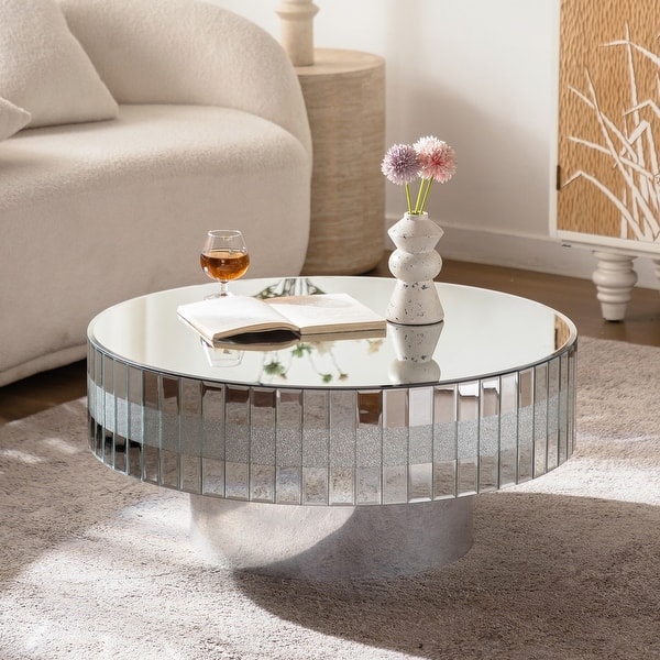 Round Mirrored Coffee Table with Crushed Diamond Accents and Silver ...