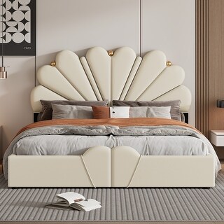 Queen Storage Bed Coral-Shaped Headboard Upholstered Platform Bed Frame ...