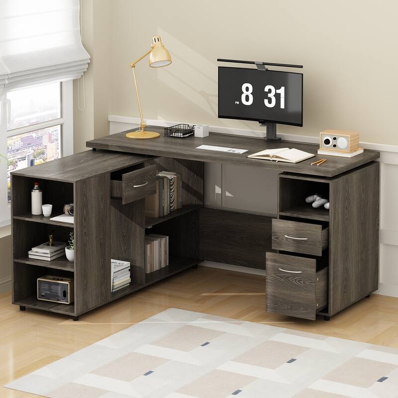 L-Shaped Corner Desk Reversible Cabinet 57.3" Writing Table Workstation ...