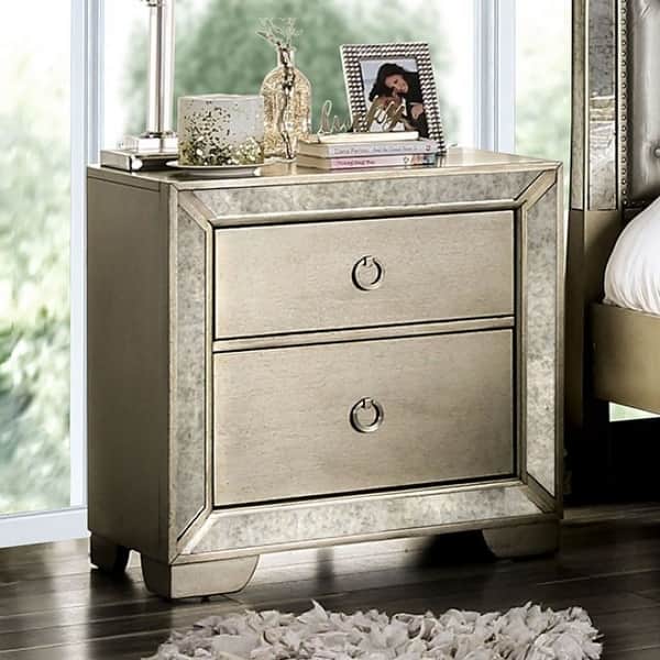 Champagne Mirrored Finish Nightstand Bedside Table with 2 Drawers and ...