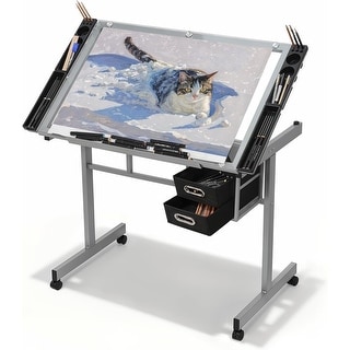 Adjustable Height & Angle Glass Top Drafting Table with Storage Drawers ...