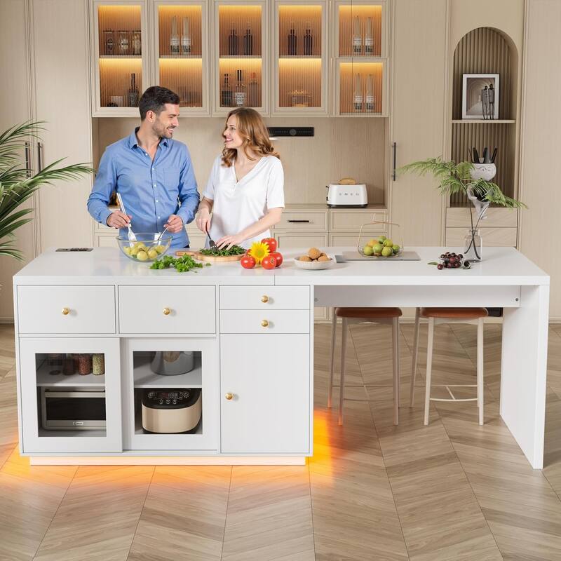 Kitchen Island with LED Light, 78.7" Breakfast Bar Counter, Stationary ...