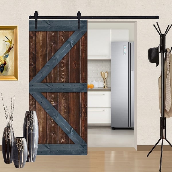 Two-Tone Paneled Wood Single Barn Door with Installation Hardware Kit ...