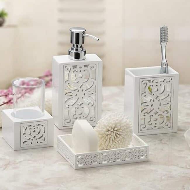 Creative Scents Mirror Janette White Bathroom Accessories Set Of 4 On