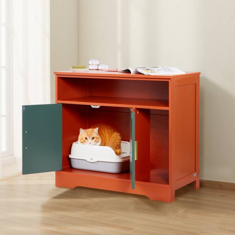Pomegranate Red and Vintage Green Cat Litter Box Cabinet with Gold ...