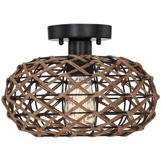 1-Light Rustic Woven Jute Rope Semi-Flush Mount Ceiling Light - D12"x ...