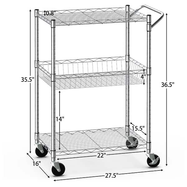 Costway 3-Tier Utility Cart Heavy Duty Wire Rolling Cart w/Handle Bar ...