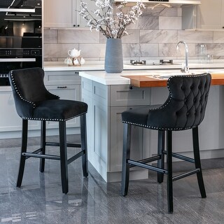 Black Barstools Set of 2 Bar Stools Velvet Dining Chair with Button ...
