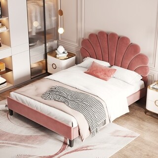 Bean paste red Full Size Platform Bed Soft Velvet Upholstered Bed Frame ...