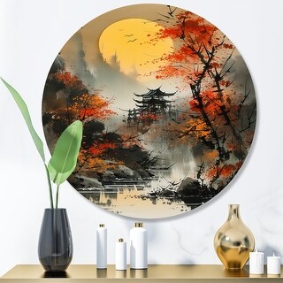 Designart "Red Moonset Raven Cry Japon I" Japon Landscape Metal Round ...