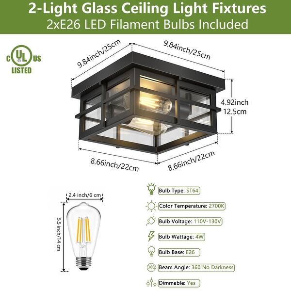 Modern Outdoor Ceiling Light Fixtures, 2-Light Black Flush Mount Light ...
