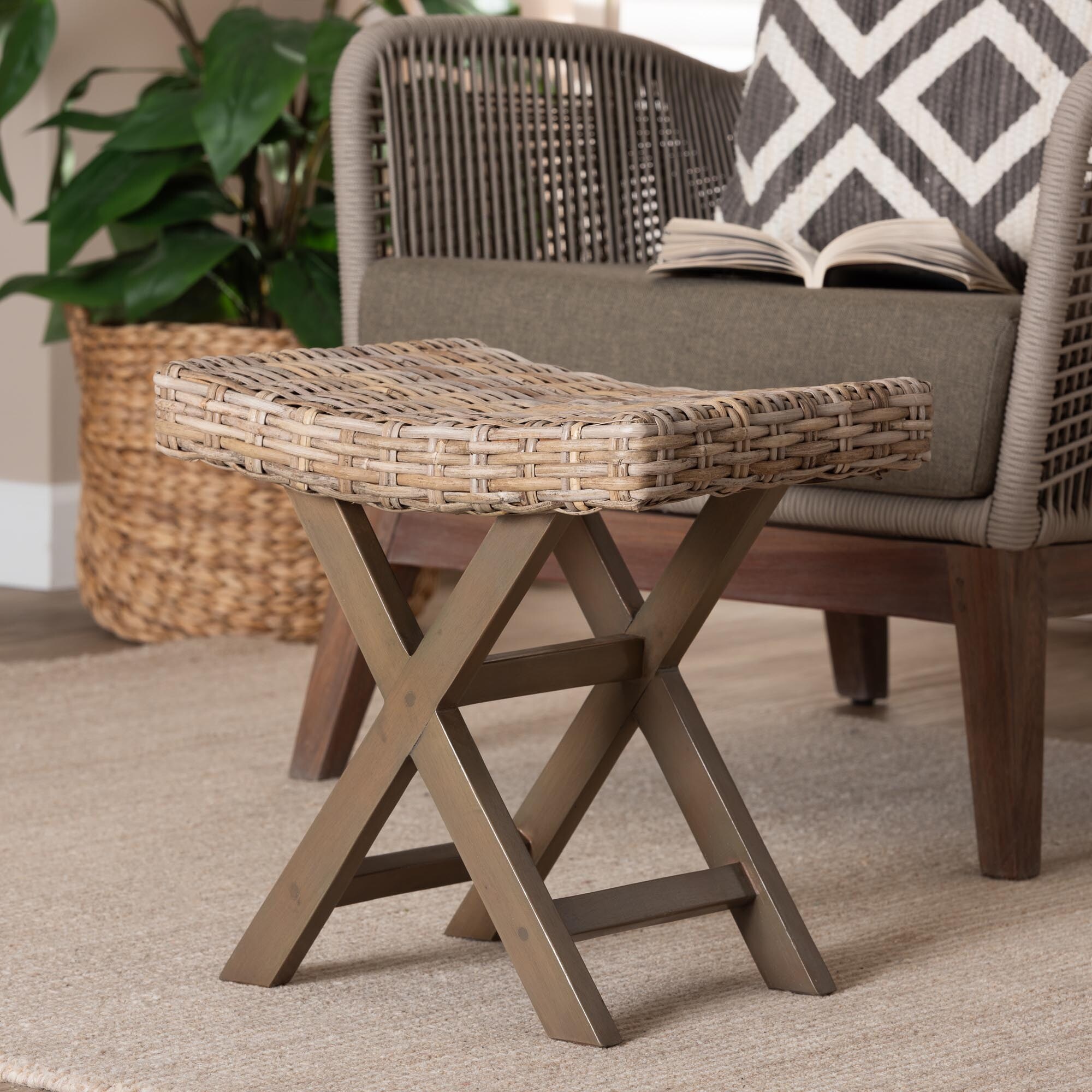 Rattan footstool grey store