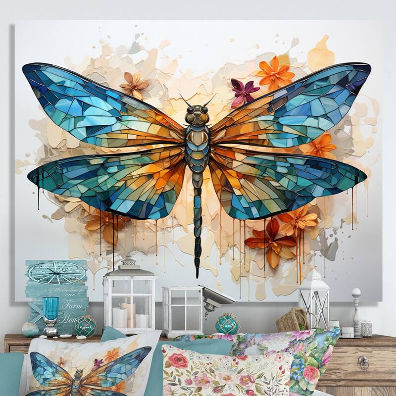 Designart "Teal Dragonfly Ethereal Flight Geometric I" Animals Canvas ...