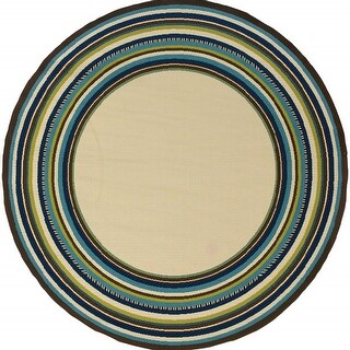 7' Round Ivory Mediterranean Blue and Lime Border Indoor Outdoor Area ...