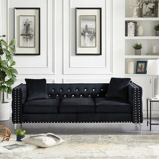 Black Modern Velvet Tufted Sofa Couch, Jeweled Button Tufting - Bed ...