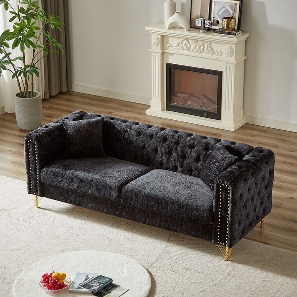 Chenille button tufted sofa with copper studded decorative armrests On Sale Bed Bath Beyond 41234825