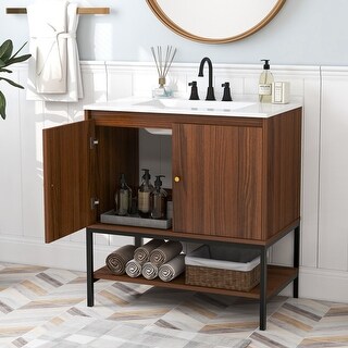 31 Inch Bathroom Vanity Sink Combo with Doors and Open Shelf-Walnut ...