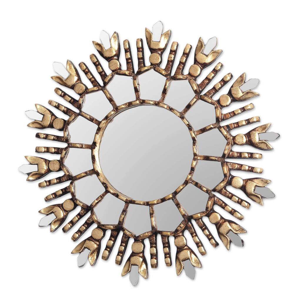 Handmade Shiny Sun Bronze gilded cedar wood wall mirror (Peru) - 1.2" H ...