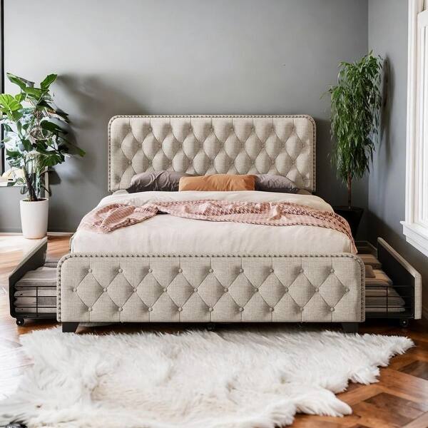Beige Queen Upholstered Platform Bed Frame with Four Drawers Button ...