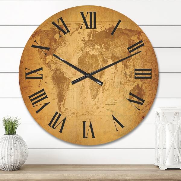 Designart 'Ancient Map of The World X' Vintage Wood Wall Clock - Bed ...
