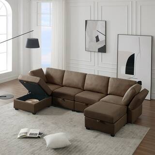 Brown Linen Sofa 4 Seater Sectional Couch with Storage Seat - Bed Bath ...