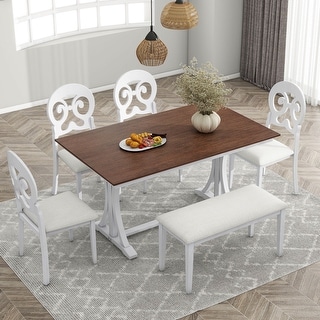 6-Piece Dining Table Set w/Upholstered Chairs & Bench, White - Bed Bath ...