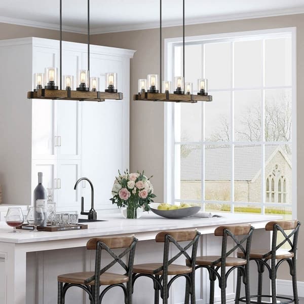 Modern Farmhouse 6-Light Linear Chandelier Rustic Wood Island Light for ...