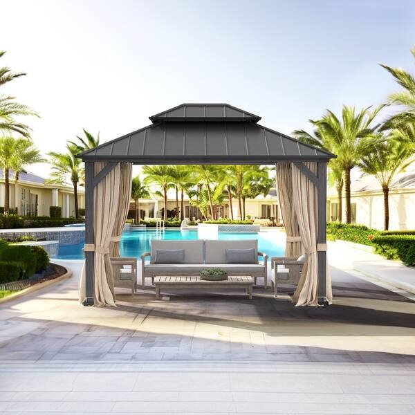 Outdoor Hardtop Aluminum Patio Gazebo with Curtains Steel Double Roof Pergolas - Bed Bath ...