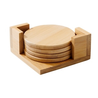 Set Of 4 Bamboo Wood 4" Round Coasters With Bamboo Wood Stand - Bed ...